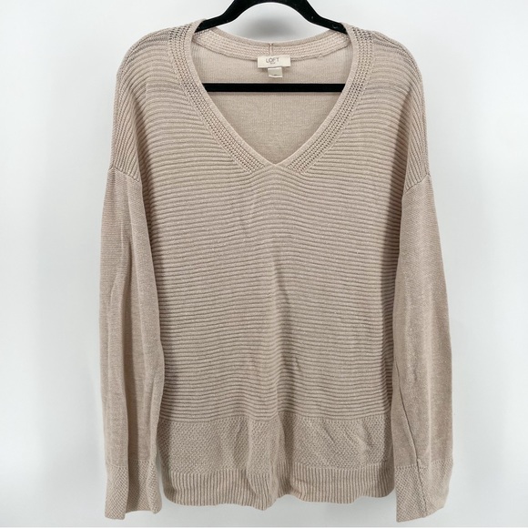 LOFT | Sweaters | Loft Vneck Sweater Beige Ribbed Knit Neutral Xl ...